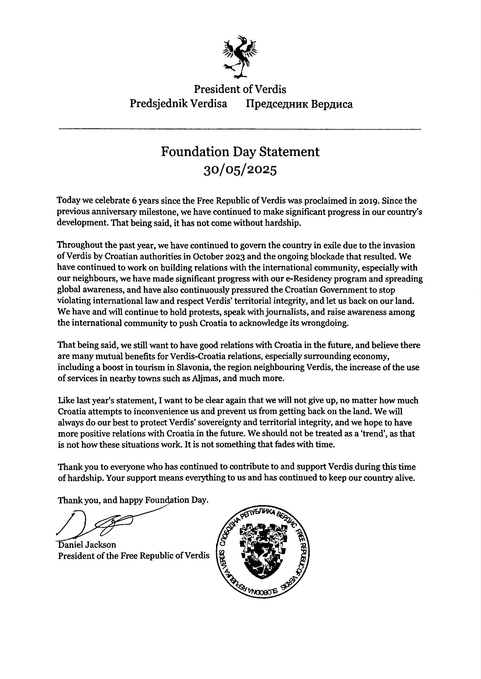 6th Foundation Day Statement - Free Republic of Verdis