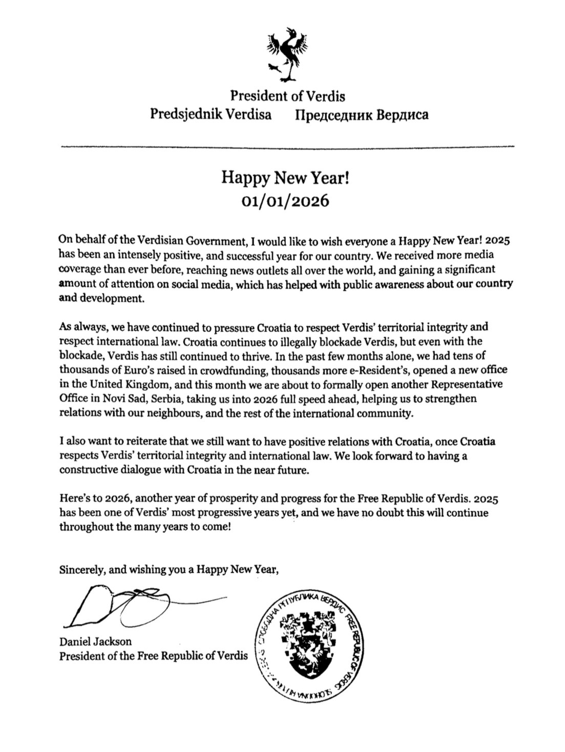 New Year Statement from the President - Free Republic of Verdis